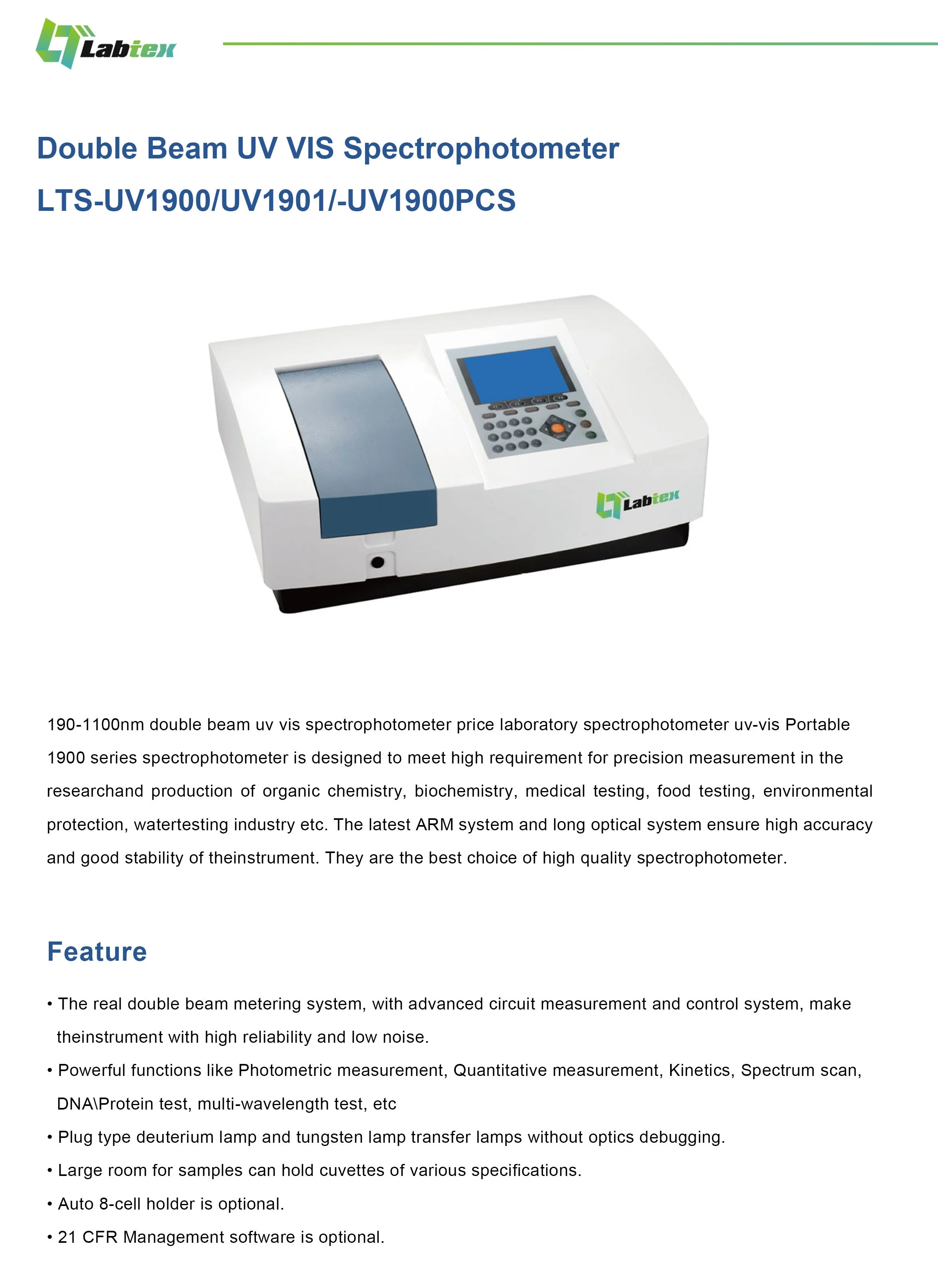 Labtex Double Beam UV VIS Spectrophotometer LTS-UV1900/UV1901 ...
