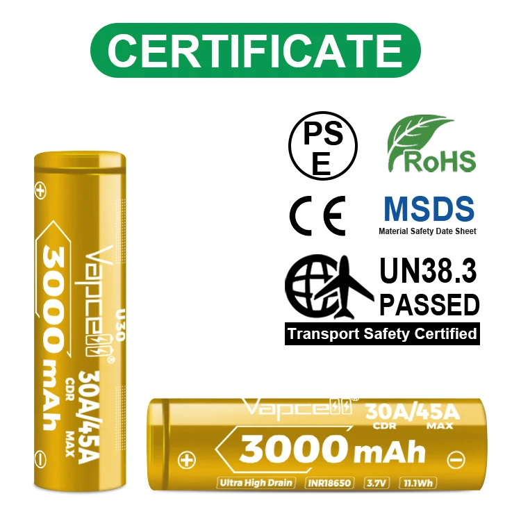 New Vapcell 18650 U30 3000mah 30a/45a Battery 3.7v Ultra High Drain Li ...
