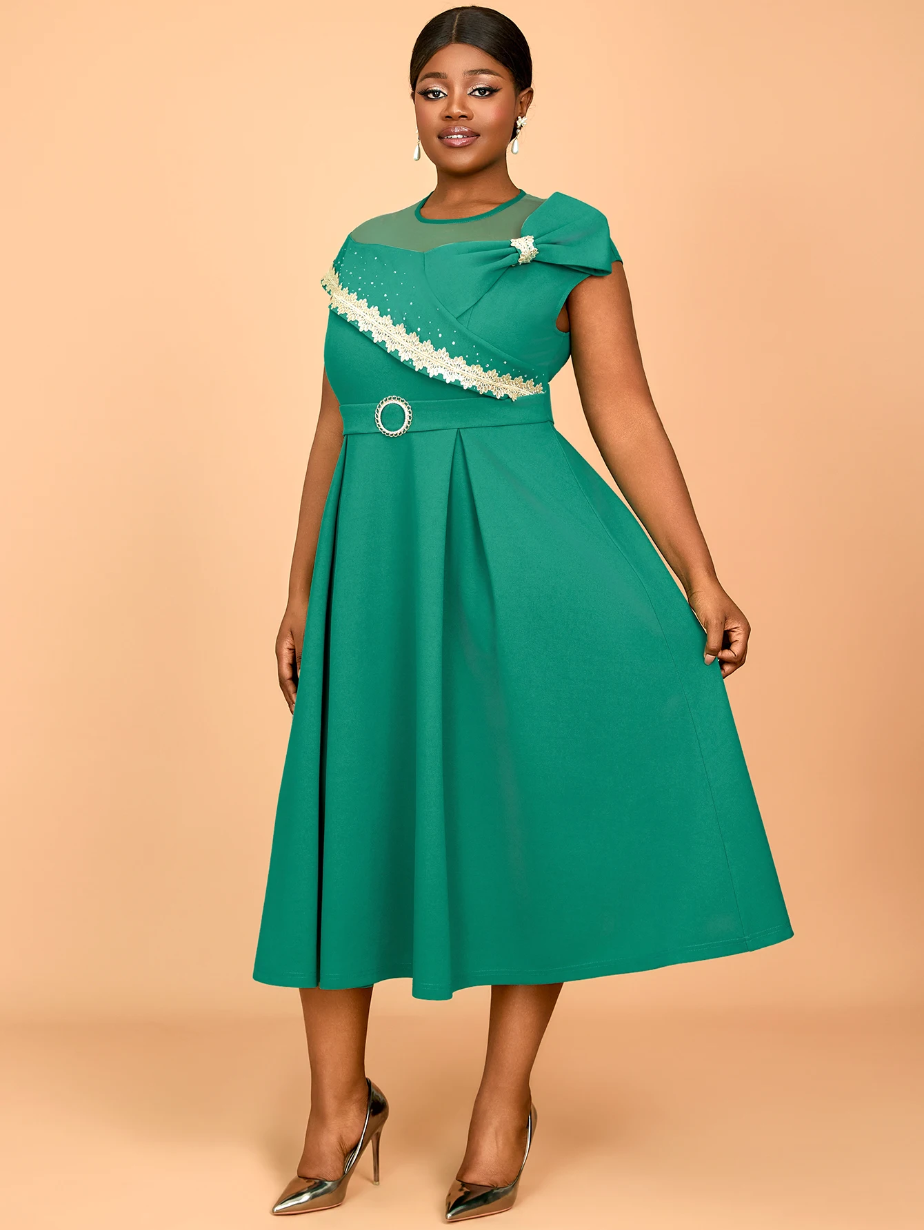 AM050128 Round Collar Sleeveless Bow Bead Lace Stitching Design Green ...