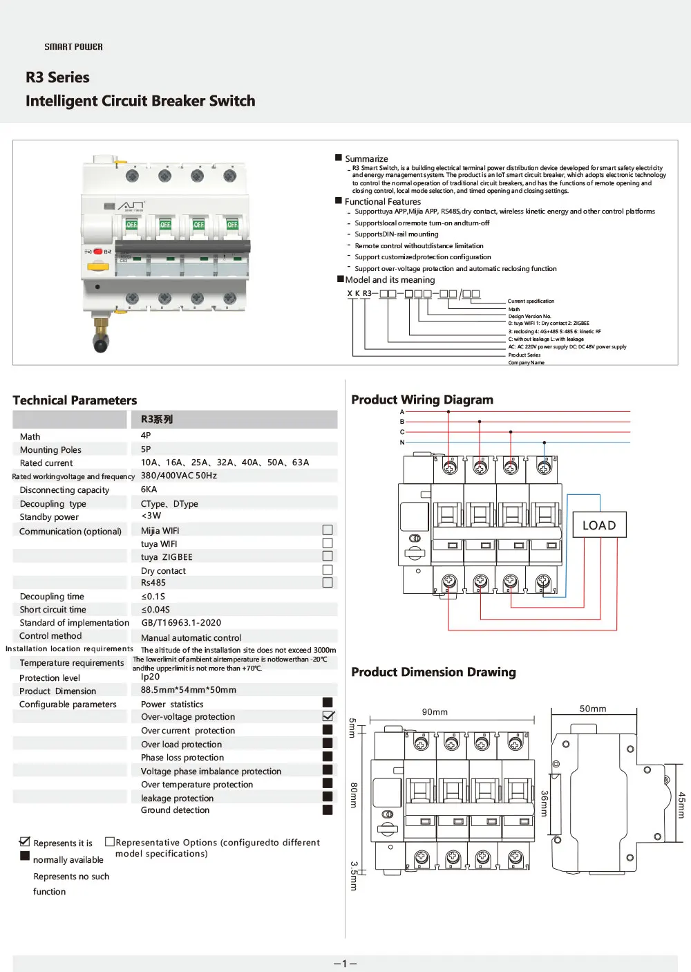 63A 4P MCB Tuya WIFI Intelligent Circuit Breaker Switch Remote Control ...