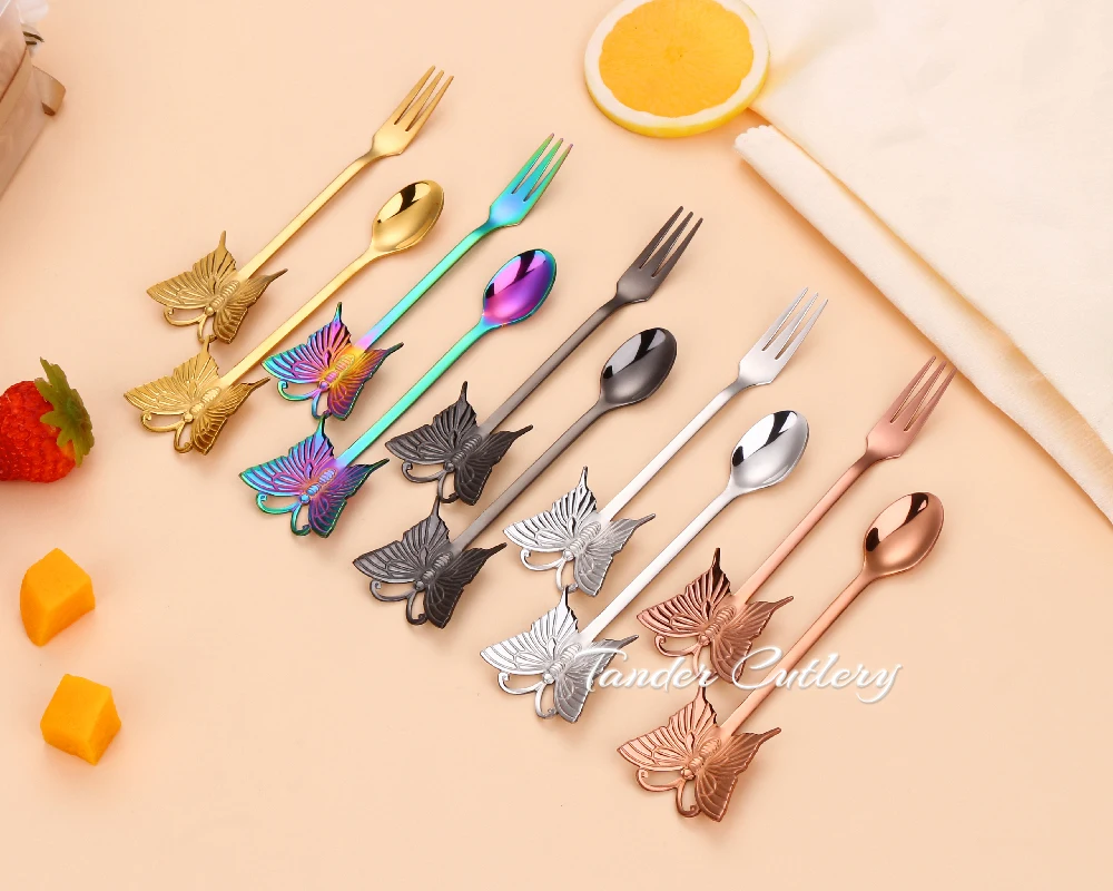 Stainless Steel Butterfly Design Tea Spoon and Fork Set Coffee Dessert ...