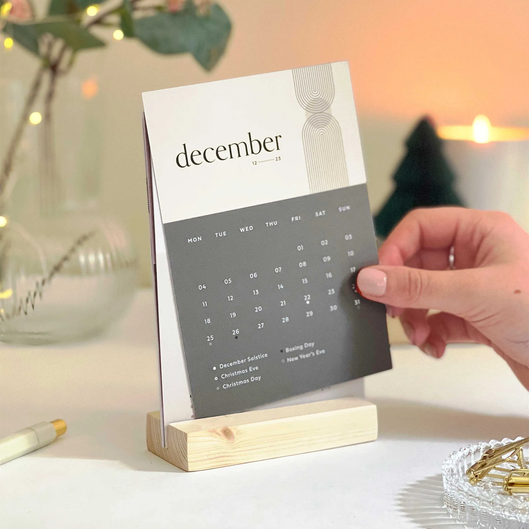Desk Table Calendar Card with Wooden Stand - 2023/24