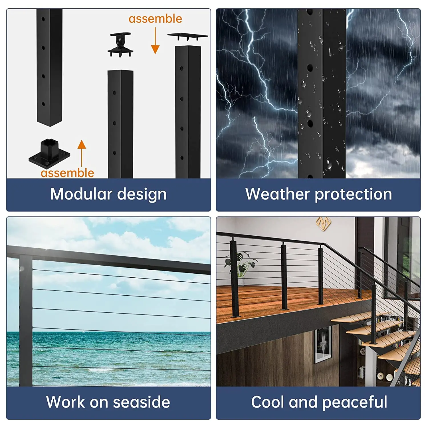 TAKA Stainless Steel Cable Railing Post Black Wire Raling Side Mount ...