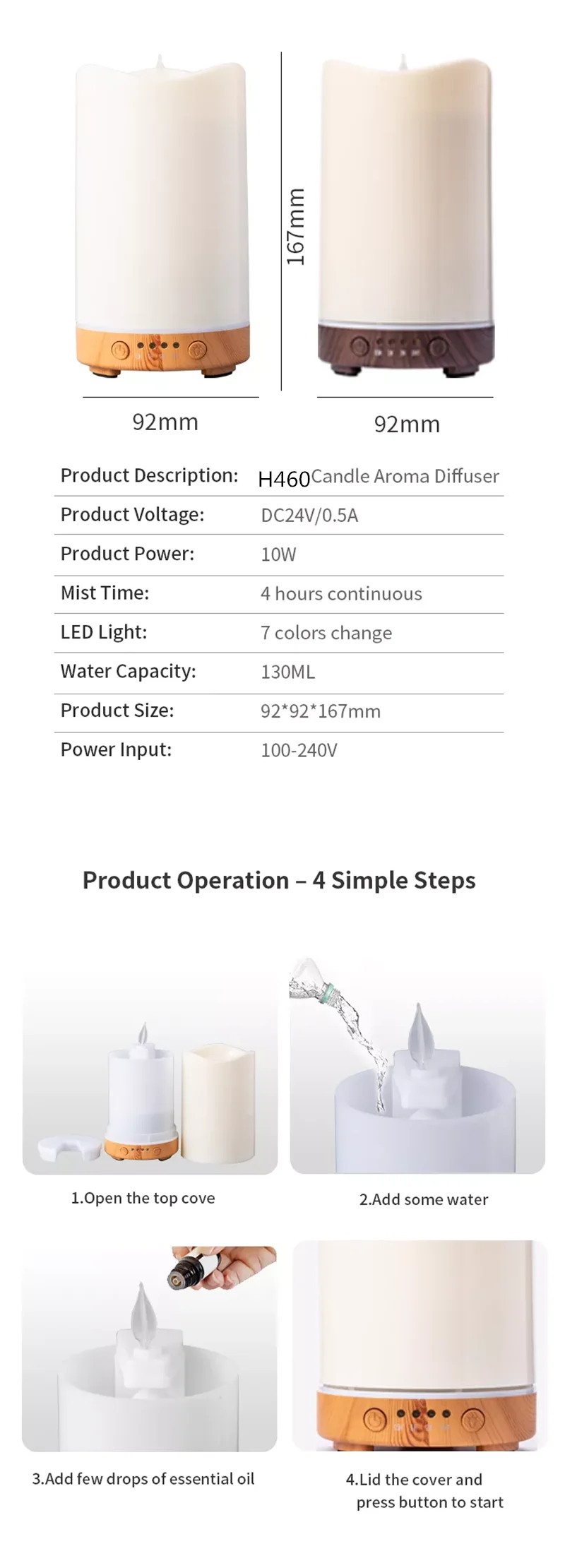 2024 130ml Wood Grain Ultrasonic Humidifier Aromatherapy Essential Oil ...