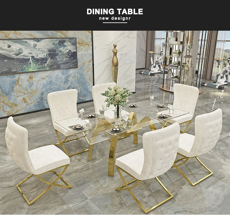 PURUO Modern Stainless Steel Silver Glass Top Dining Room Dining Table ...