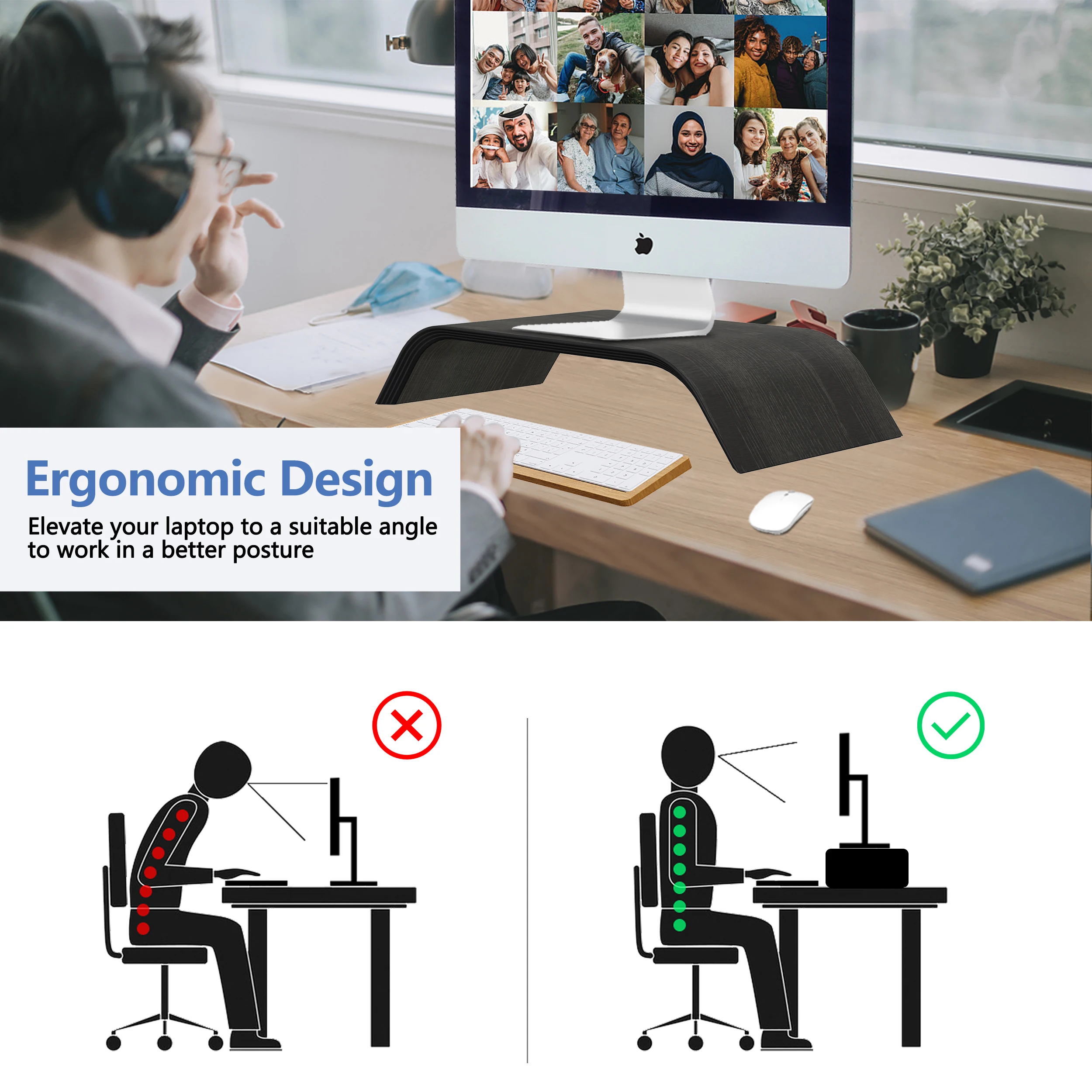 Ergonomic Wood Monitor Riser Stand for Home Office & School