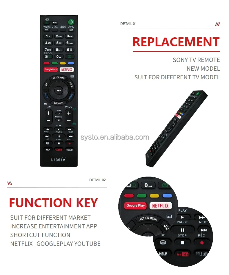 SYSTO L1351V TV Remote Control Replacement for SONY TX330
