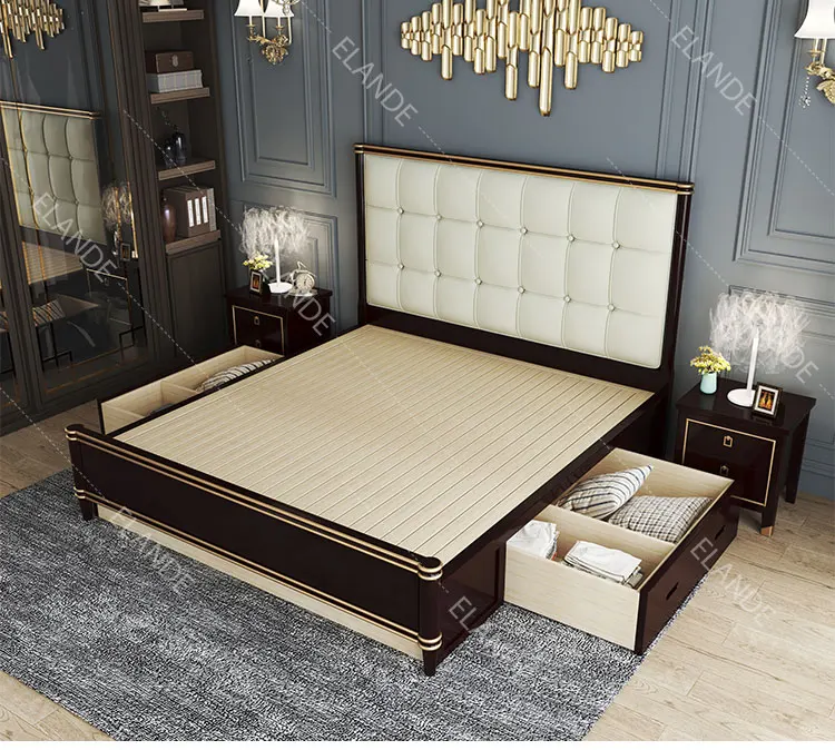 American Light Luxury Solid Wood Bed Soft Bag Double Leather Bed 1.8 ...