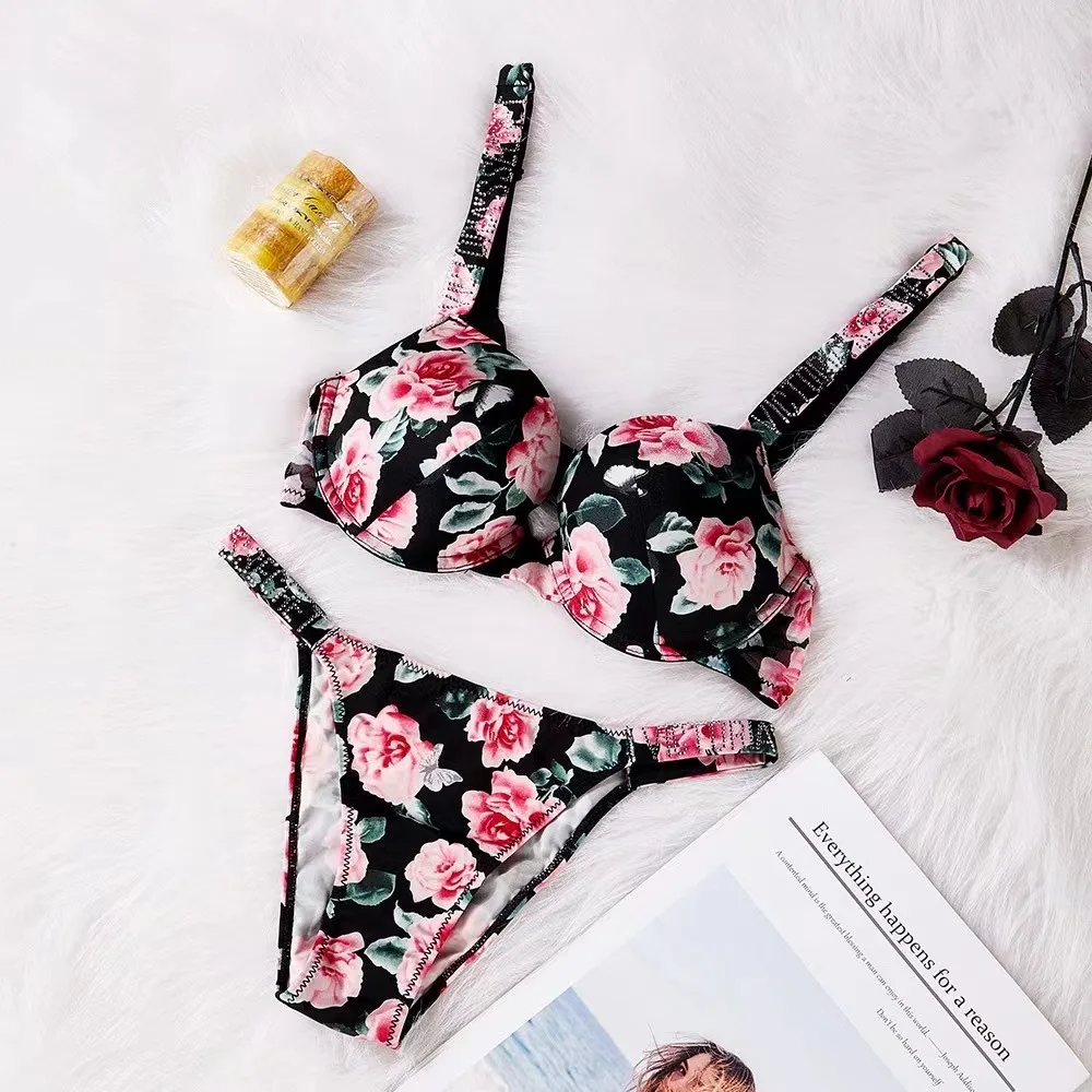 Sexy Lace Diamond-studded Letter Strap Bra Set Push Up Underwire Bra ...