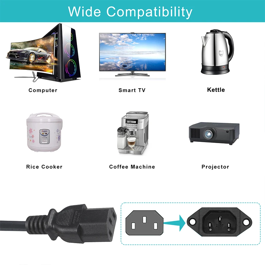 2 Metre Uk Power Cable (iec320c13 To Bs 1363) 6 Foot Kettle Lead/power ...