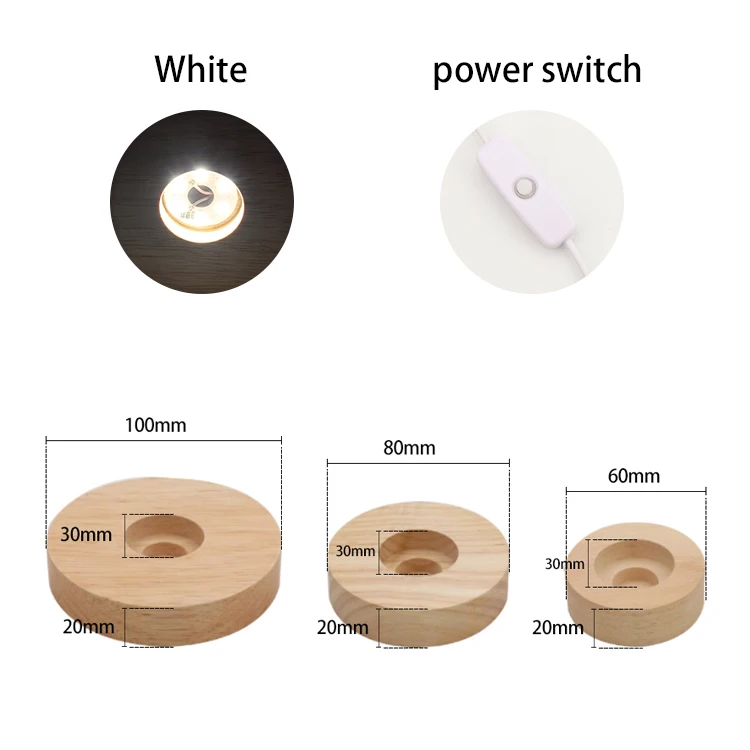 80mm Round White Light Wooden 3D Night Light Base