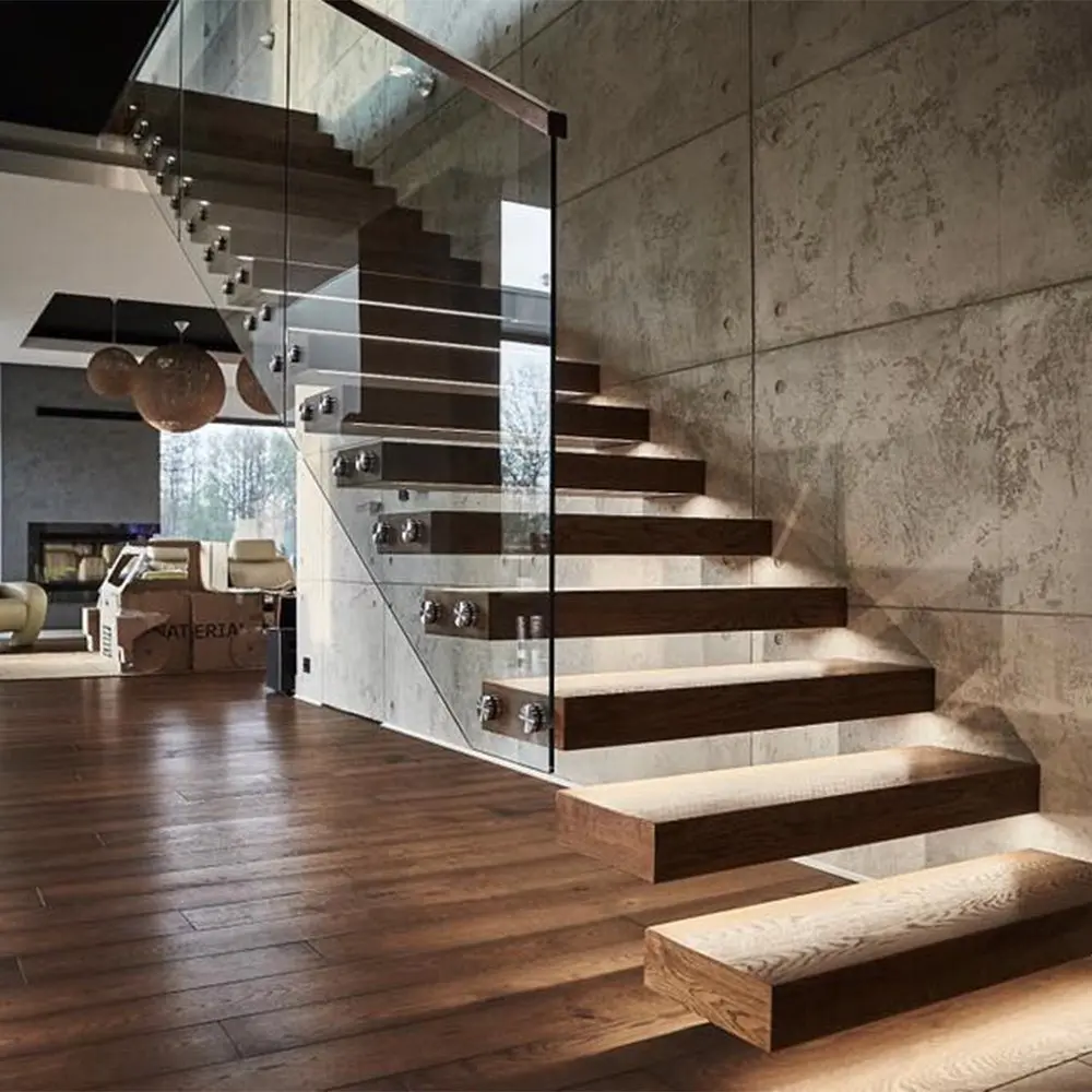 Solid Wood LED Light Floating Staircase - Durable & Stylish