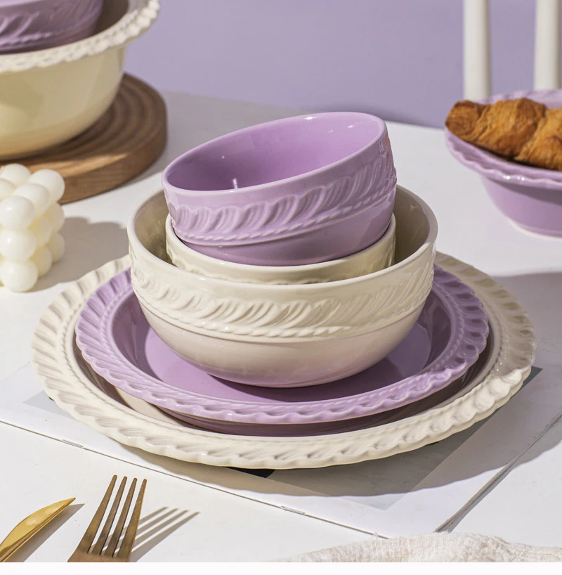 French Style Purple Dinnerware Set Embossed Plates and Bowls Ceramic ...