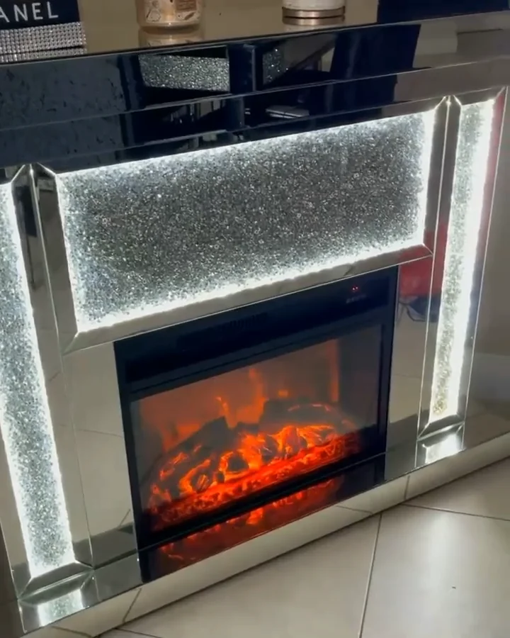 High End Crushed Diamond Mirrored Fireplace With Led Lighting Firebox ...