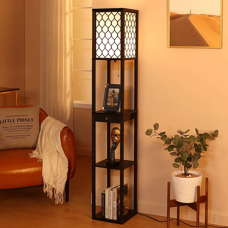 Simple Square Box Long Standing Wooden Black Walnut Floor Lamps With ...