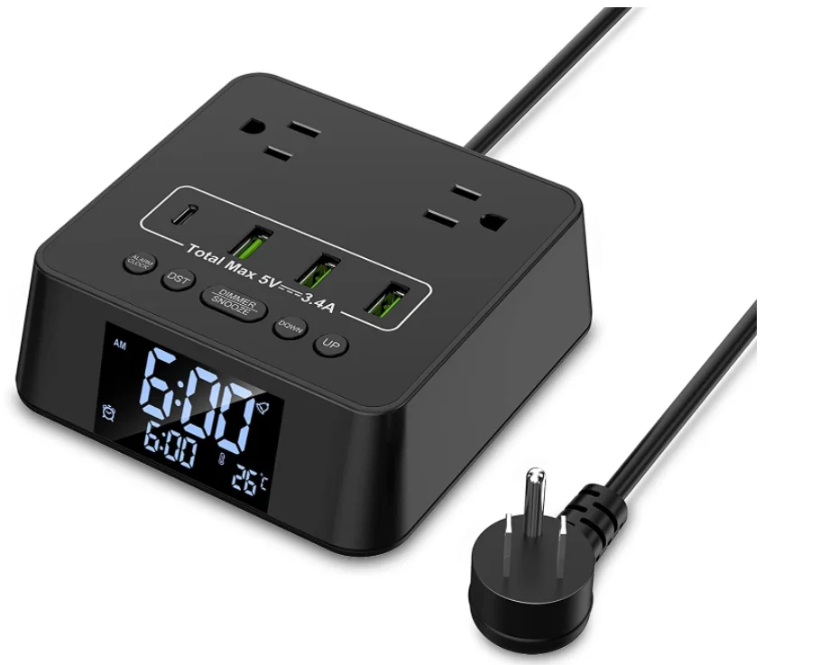Alarm Clock Power Strip Surge Protector Socket,2 Ac Outlets 3 Usb A ...