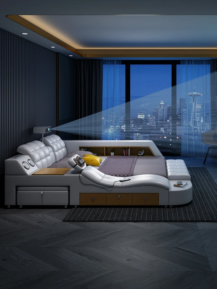 Smart Bed with Multifunctional Leather, Smart Speaker, and Massage