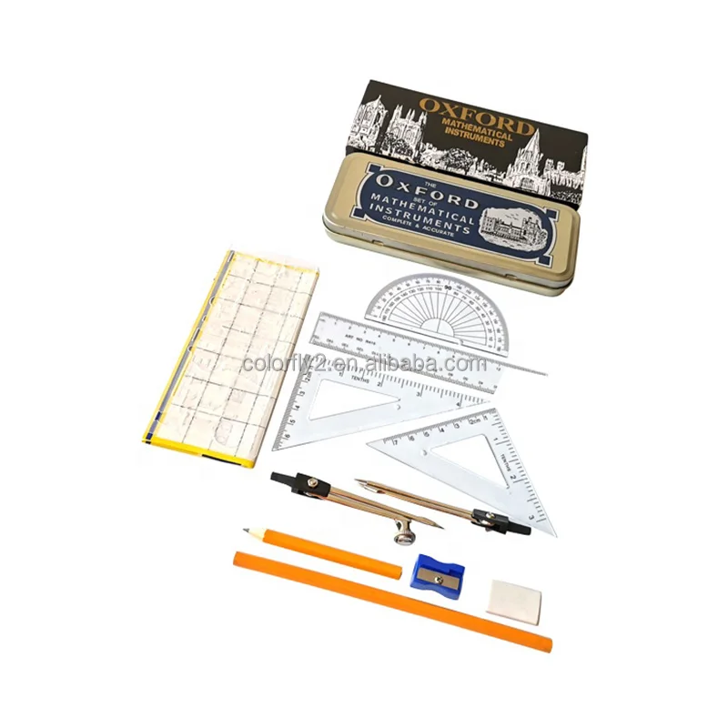All in One Math Set Metal Box 7 Pcs Compass Ruler Set School Office ...