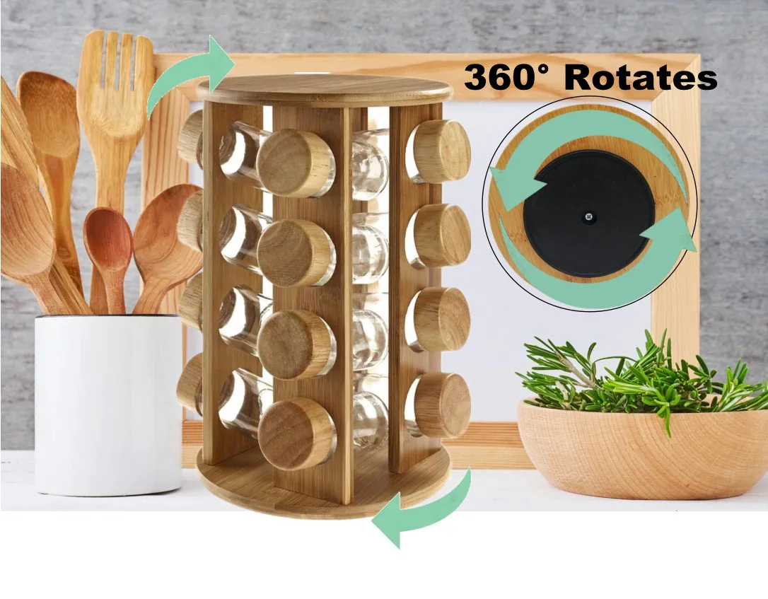 Wooden Rotating Revolving Bamboo Rotatable Spice Rack Glass Jars - Buy ...