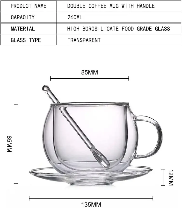 Handmade Clear Double Wall Coffee Glass Mug Cup 250ml Heat Resistant ...