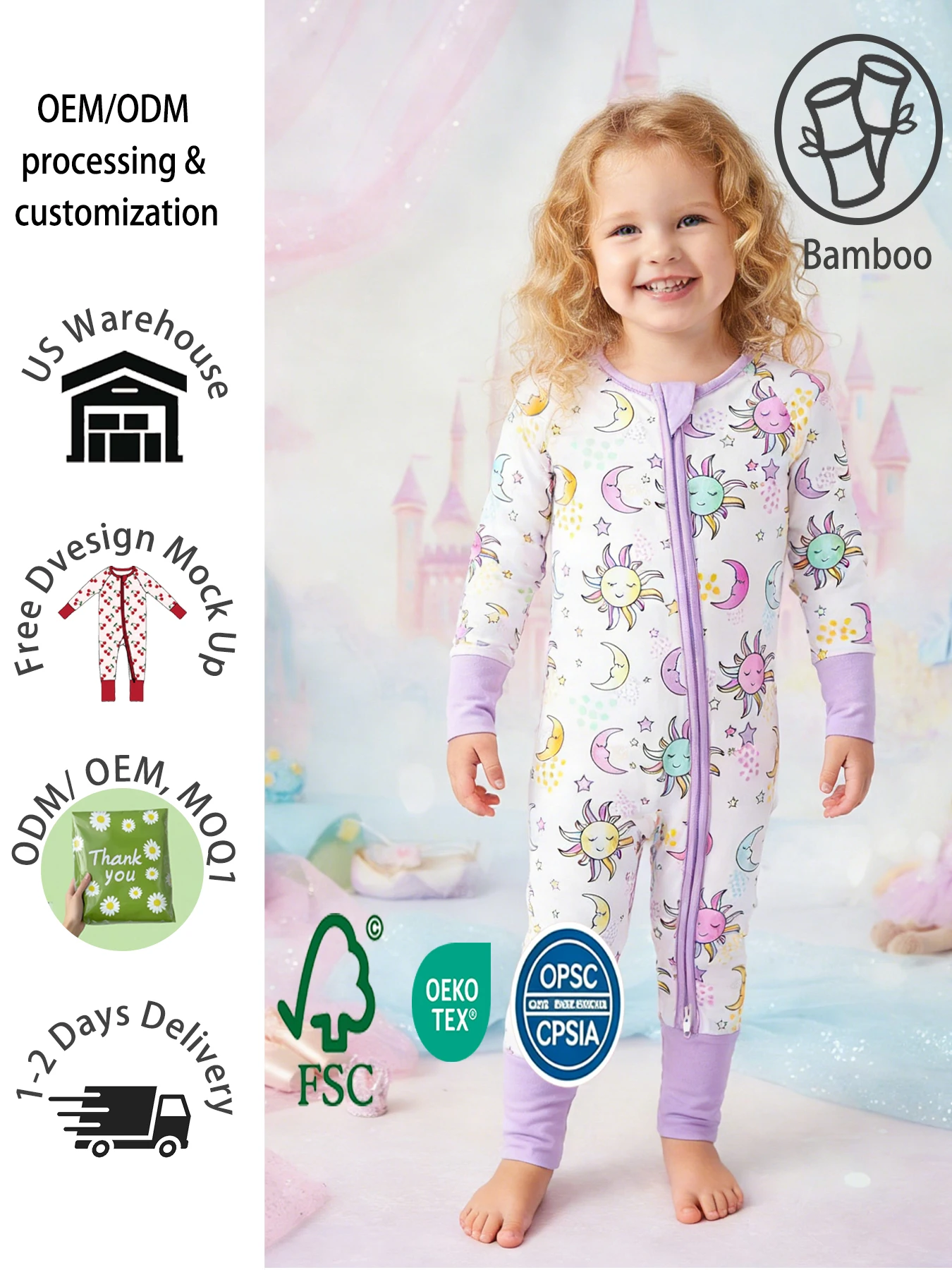 Baby One-piece Suit, Bamboo Fiber, purple Color, Sun, Stars, Moon ...