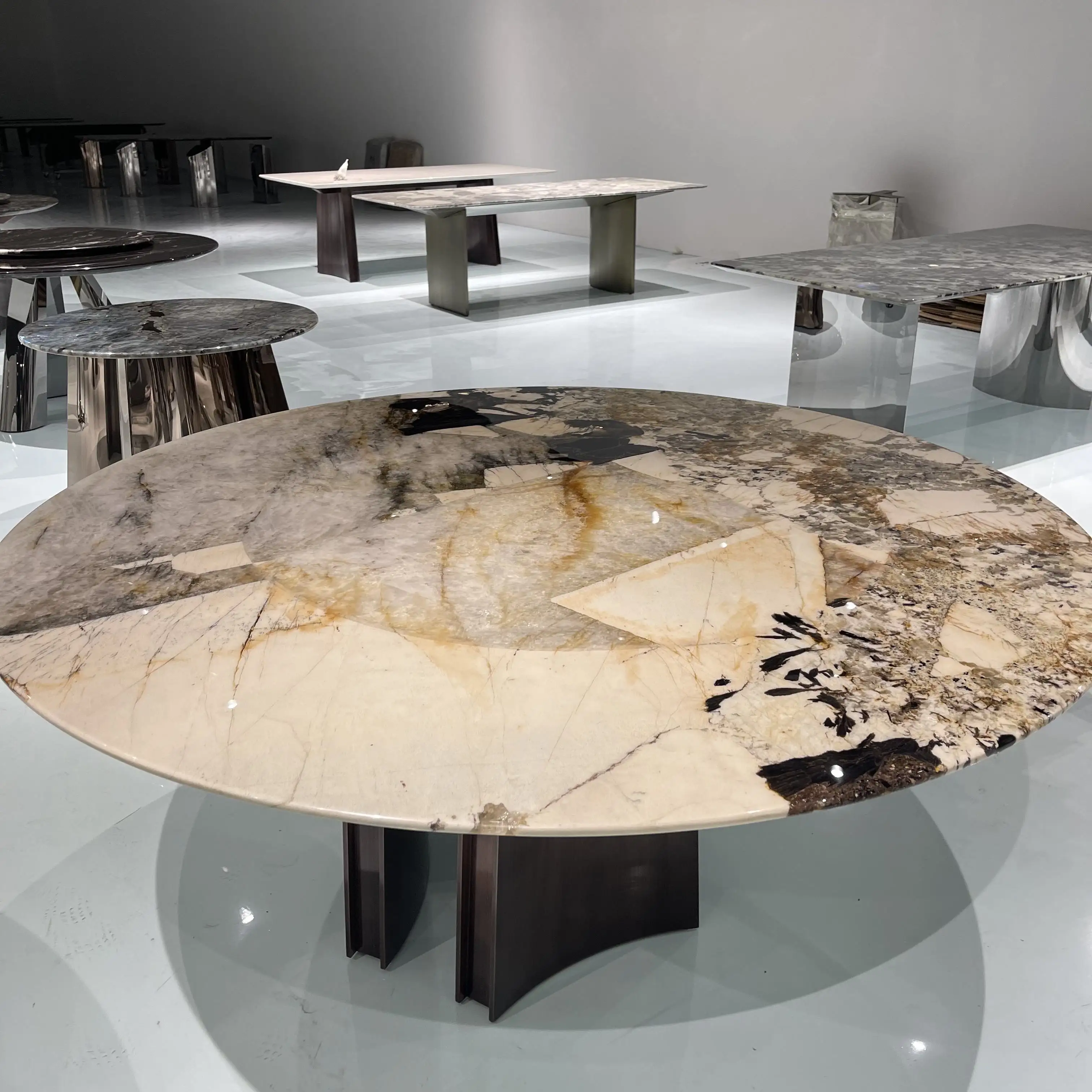 Luxury Slate Round Dining Table Multi-person With Turntable Dining ...