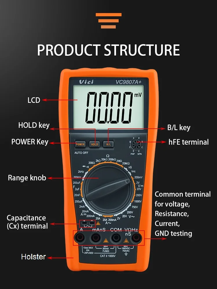 VC9807A+ Digital Multimeter - 1000V, 20A, 20mohm Tester