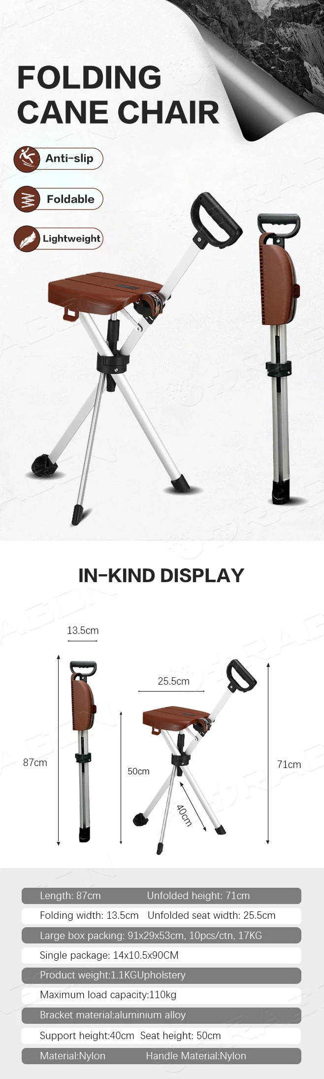 Aluminium Foldable Crutch Chair Cane Walking Stick with Seat