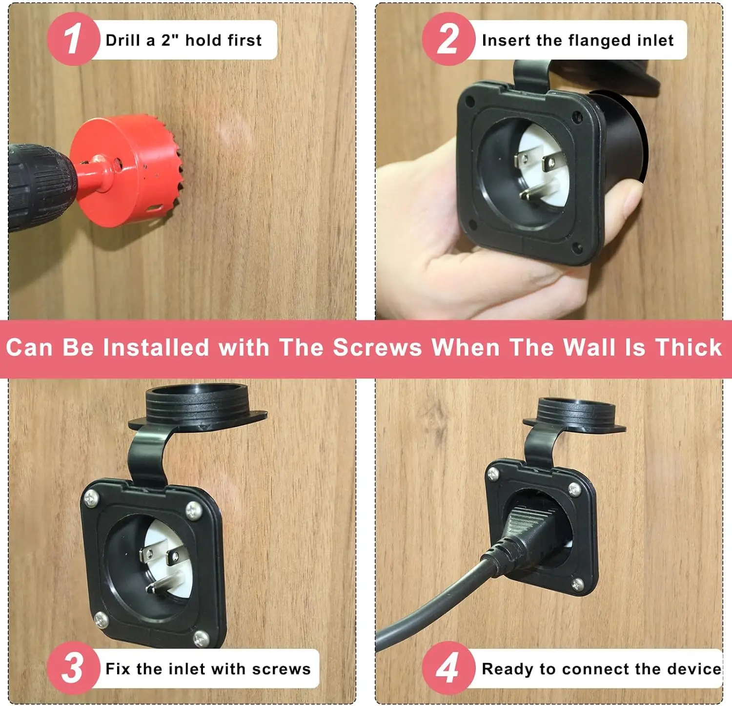 125V AC Power Inlet Port Plug Dual Integrated Extension Cord