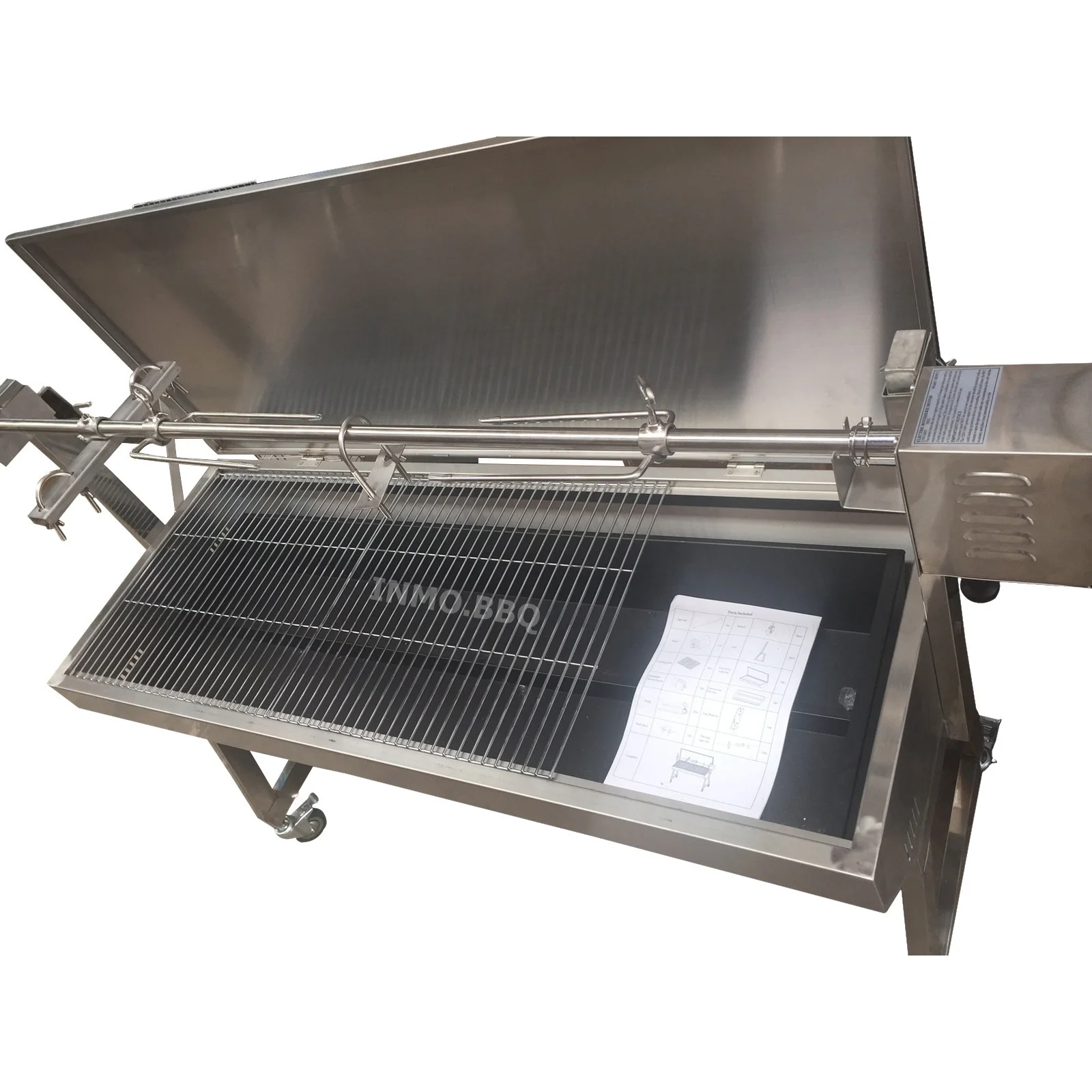 INMO.BBQ Charcoal Rotisserie BBQ Spit with Lid - Stainless Steel