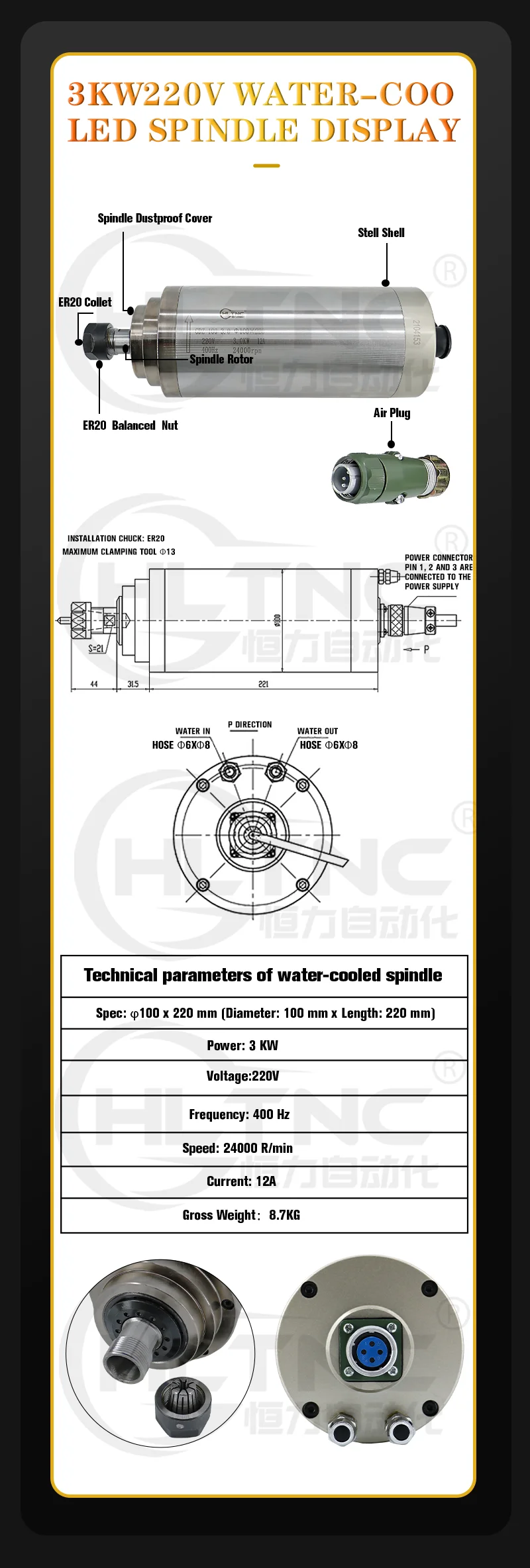 400hz 220v Circular Water Cooling Cnc Spindle 3kw Er20 24000rpm Lathe ...