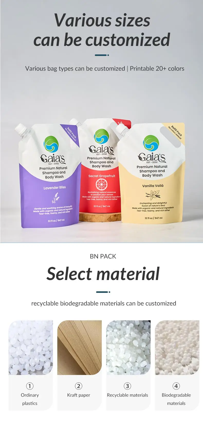 1L Custom ECO-Friendly Refill White Kraft Paper Shampoo Stand up Spout ...