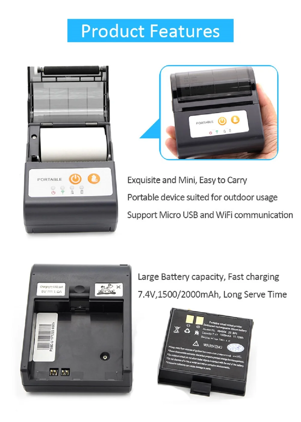 P58c 58mm Thermal Receipt Printer Manufacturer 2inch Portable Receipt Barcode Handheld Mini ...