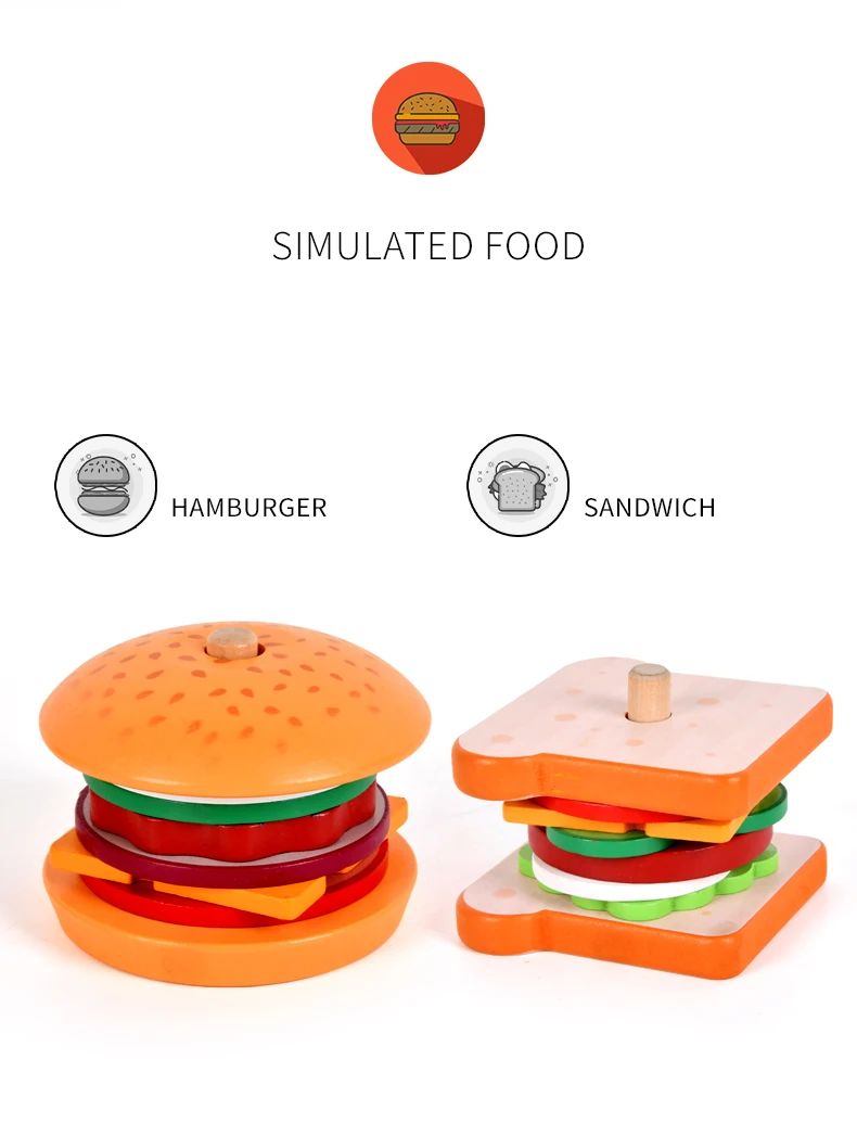 Wooden Kitchen Toy Hamburger Sandwich Simulation Food Making Set Toys ...