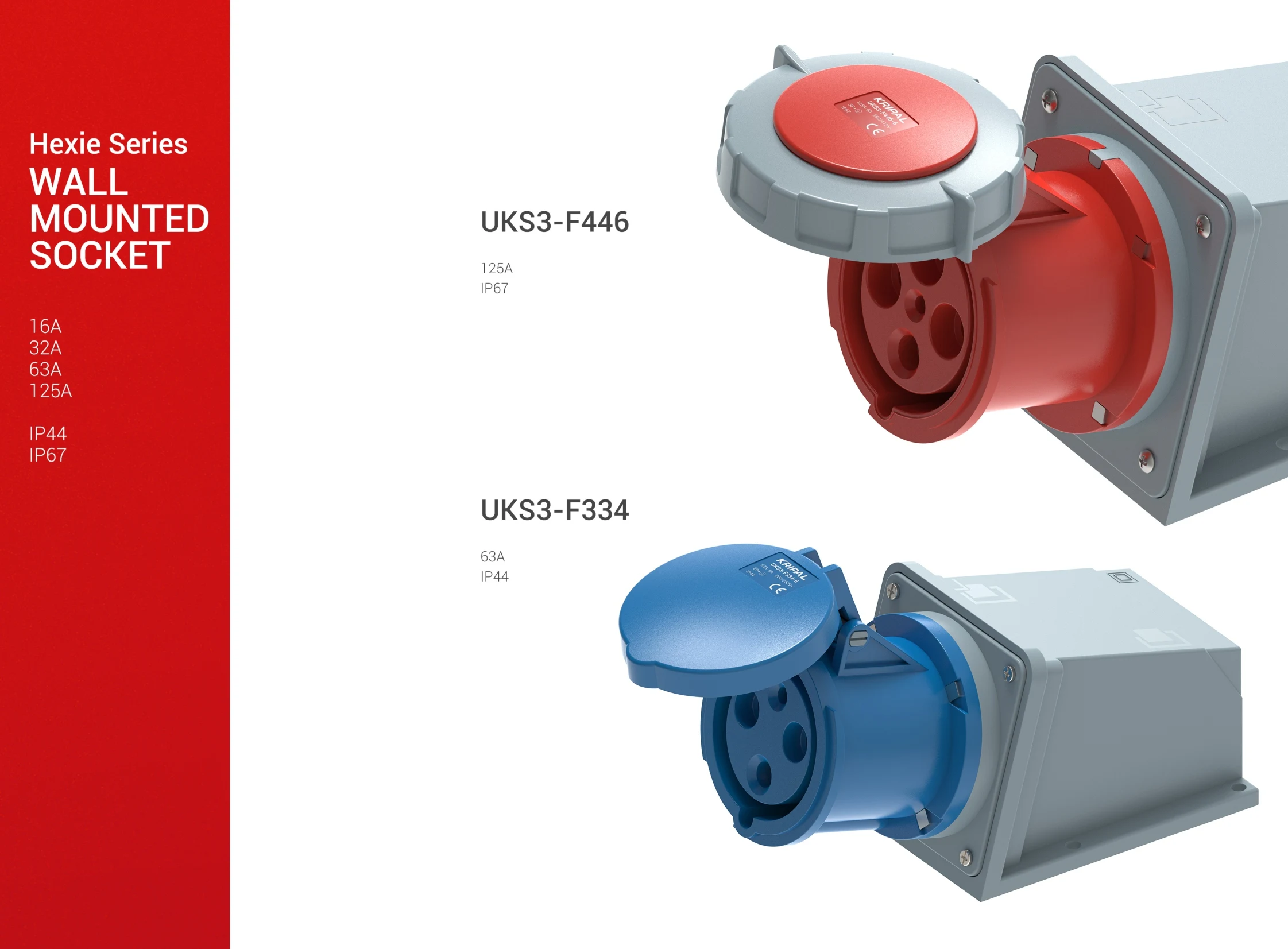 KRIPAL 5 pin 125 amp industrial wall mount socket outlets 125A CEE ...