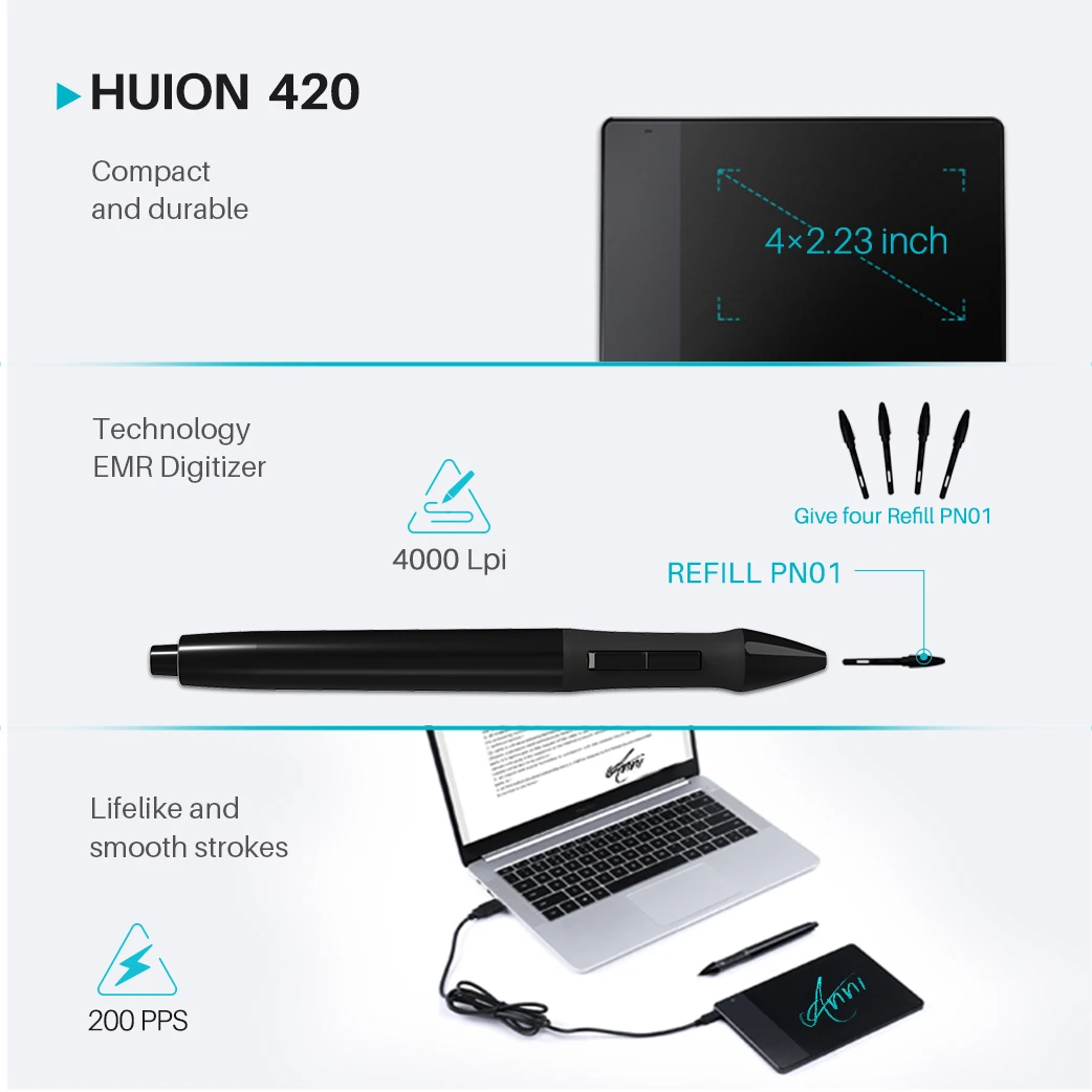 Huion 420 Electromagnetic Digital Kids Drawing Pen Education Signature ...