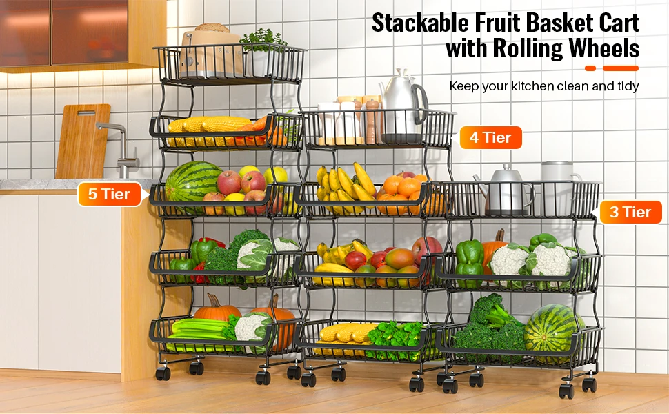 Walue 3/4/tier Stackable Rolling Baskets Storage Bins Metal Utility ...