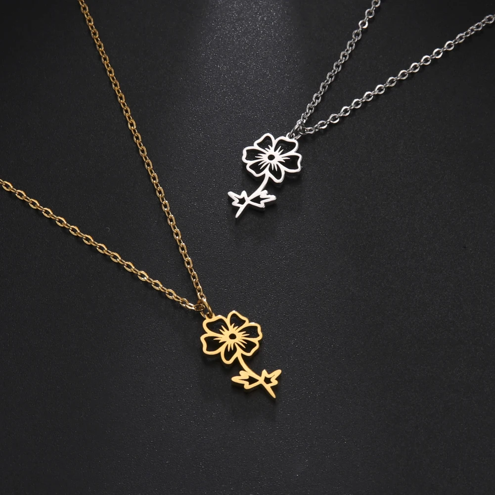 Birth Month Flower Stainless Steel Necklace Snowdrop Daisy Rose Pendant ...