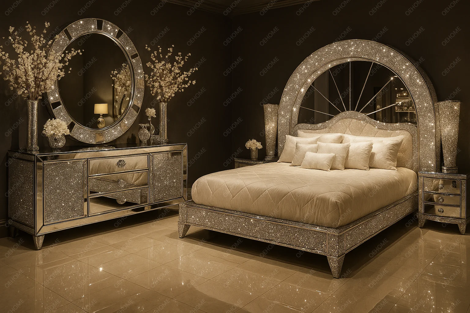Modern Luxury Diamond Mirrored Bed Set for Hotels & Villas | King ...