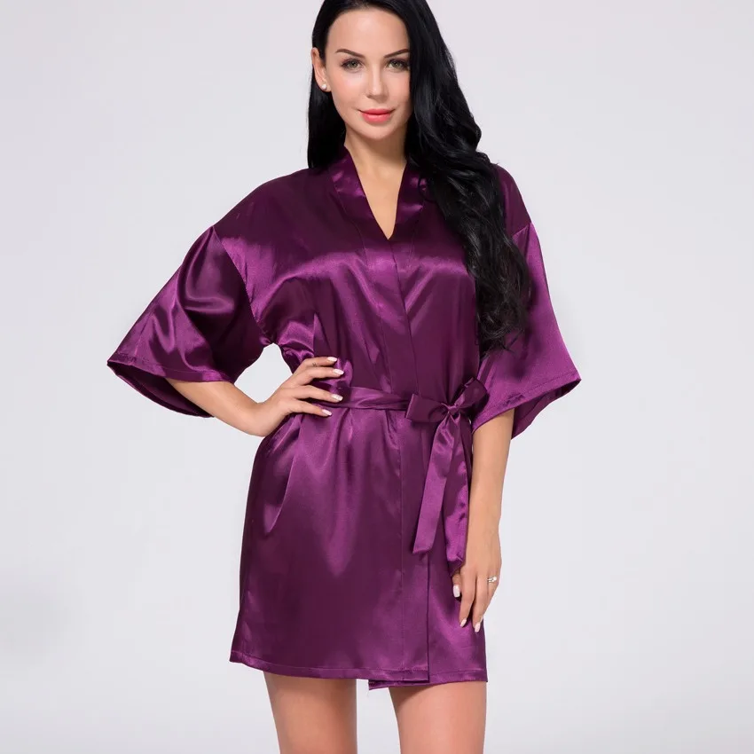 Lady Robe Satin Plain Bathrobe Satin Pajamas Short Kimono Women Sexy ...
