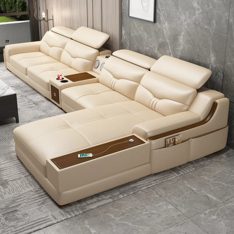 Modern living room furniture assembly L-shaped leather sofa with USB ...