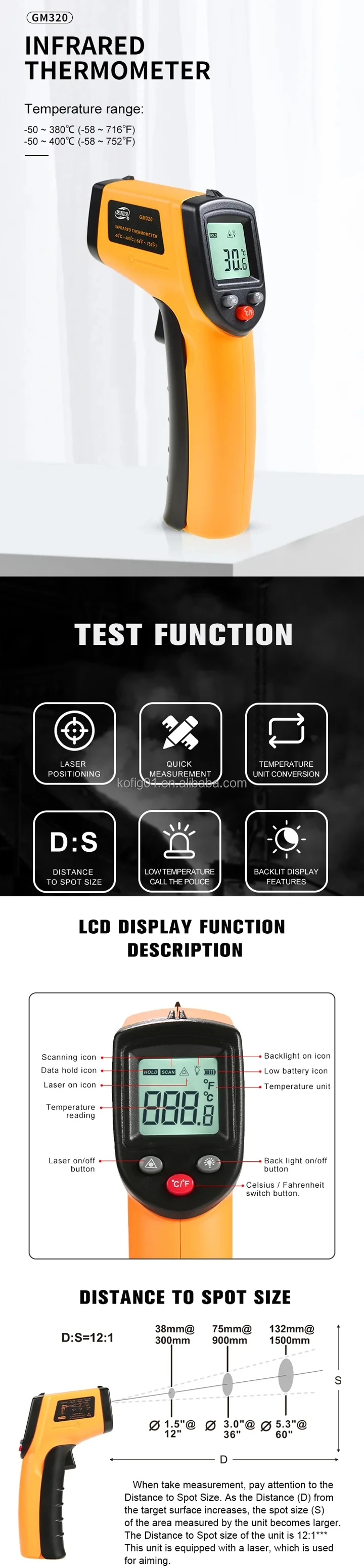 Gm320 Handheld Laser Industrial Digital Thermometer Gun Non Contact ...