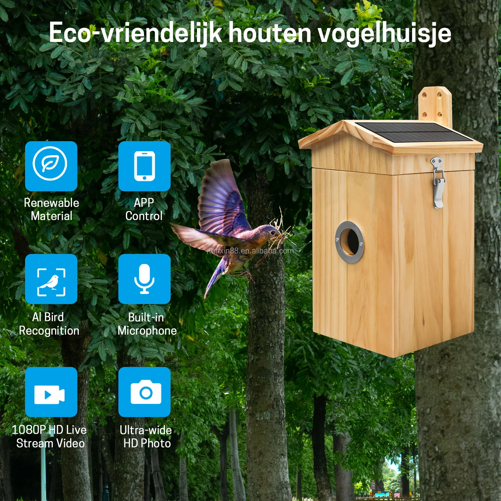 Wood Bird Nest Smart AI Bird Camera with Solar Panel Waterproof Bird ...