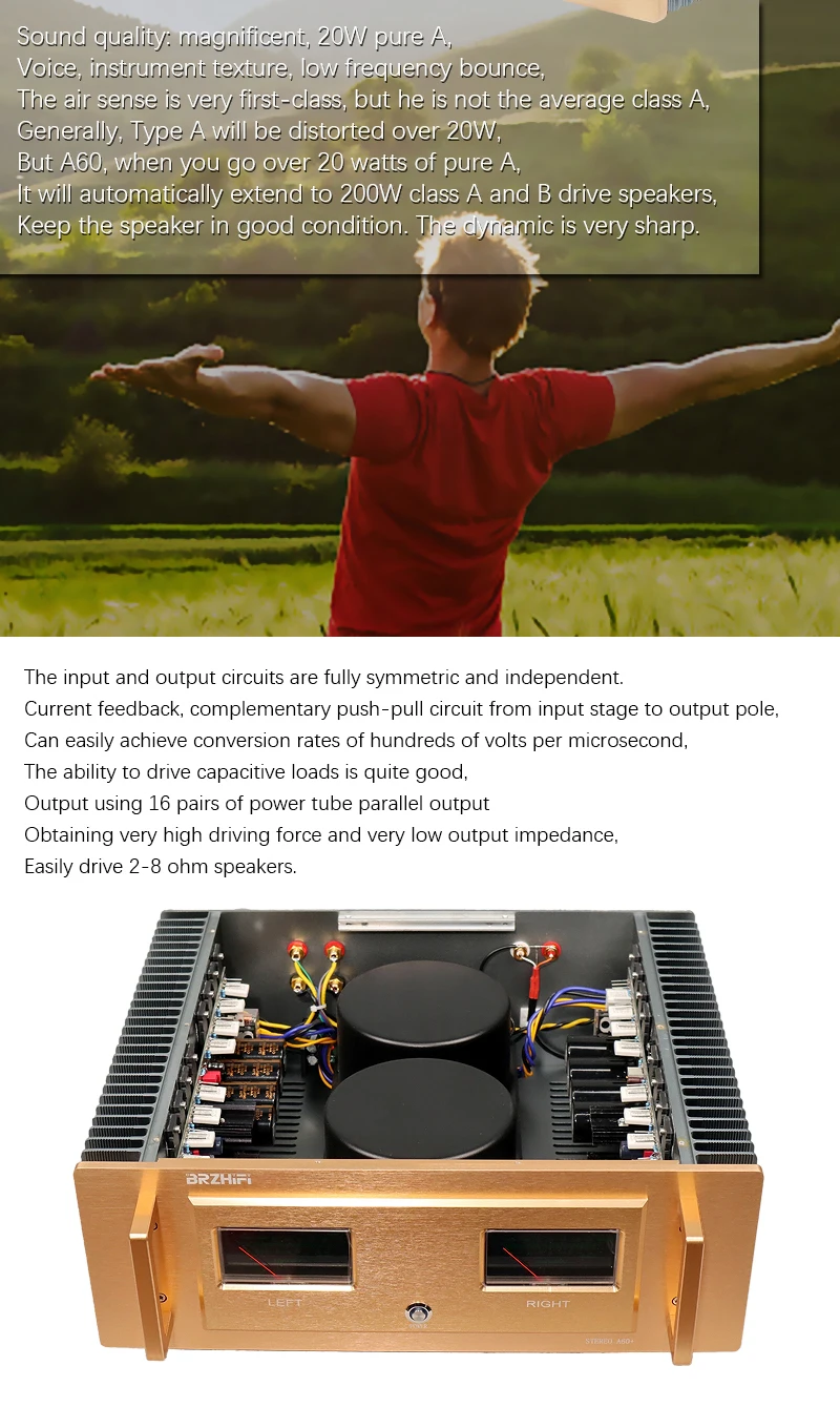 BRZHIFI A60 Class A Amplifier - 200W*2 Stereo Power Amp, 2 Channel ...
