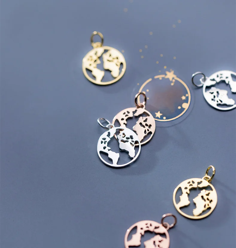 14.5mm Shiny Gold World Map Pendant 925 Sterling Silver Traveler Earth ...