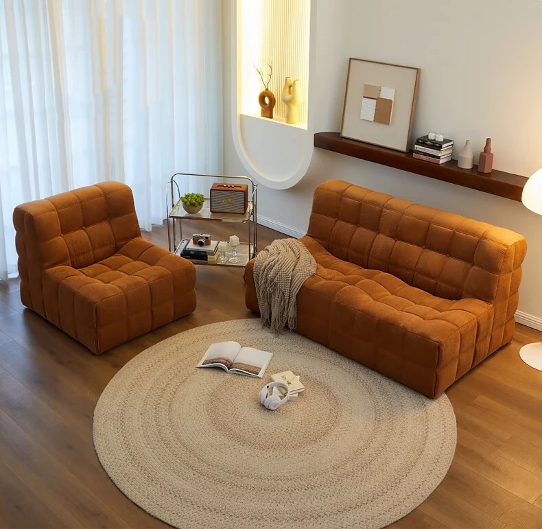 Modern 2-Seater Fabric Waffle Sofa for Living Room Bedroom Compression ...