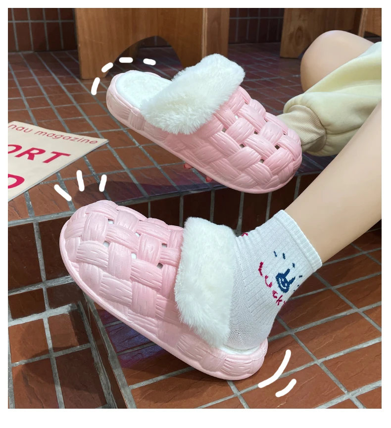 Custom Cute Lady Fluffy Home Slippers Winter Warm Plush Platform Slides ...