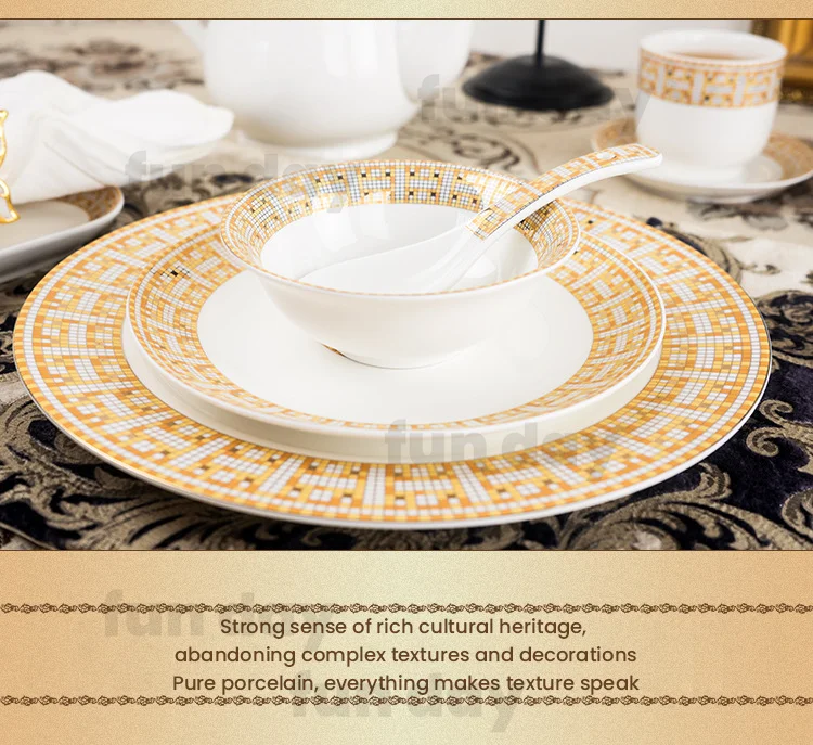 Luxury Gold and White Checkered Tableware Overglaze Color Dinner Plate Ceramic Dinnerware Set ...