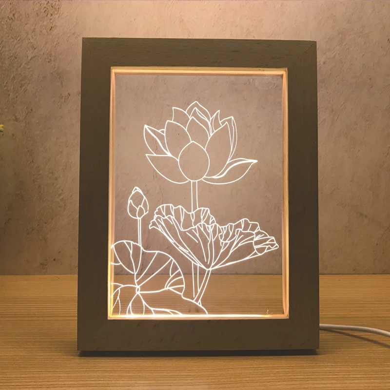 Wood Led Frame Light 3d Lamp Base Wood Diy Square Solid With Laser ...