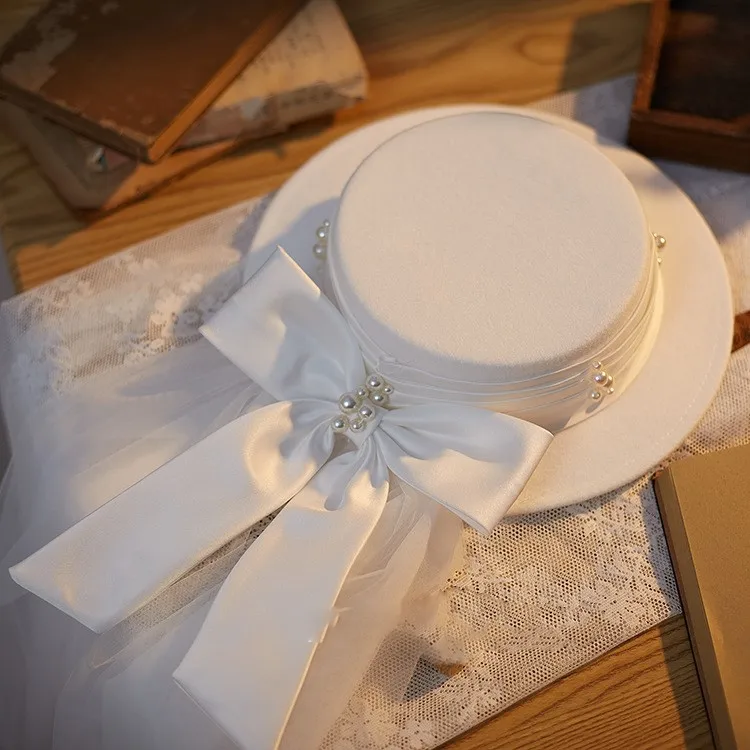 New French Top Hat Veil Vintage Wool Tweed Elegant White Bow Hat Hair ...